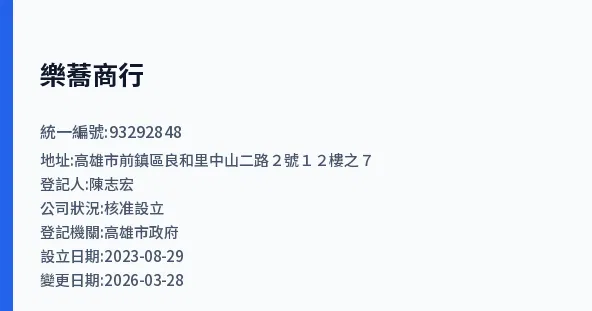 樂蕎商行的照片-統編 93292848(高雄市) 公司登記資料與營業項目詳細圖表