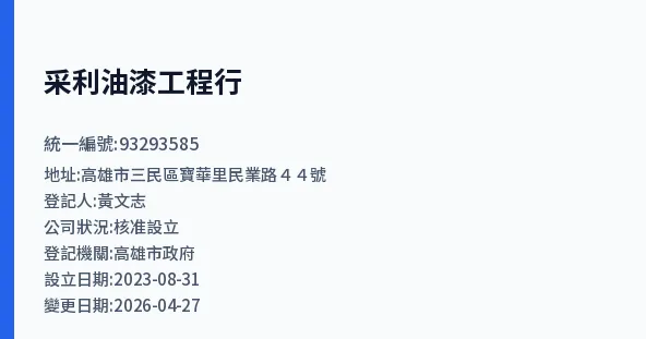 采利油漆工程行的照片-統編 93293585(高雄市) 公司登記資料與營業項目詳細圖表