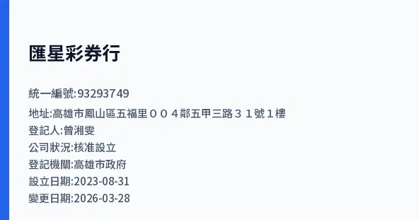 匯星彩券行的照片-統編 93293749(高雄市) 公司登記資料與營業項目詳細圖表