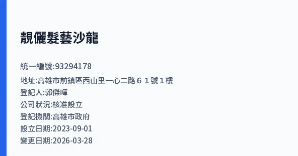 靚儷髮藝沙龍的照片-統編 93294178(高雄市) 公司登記資料與營業項目詳細圖表