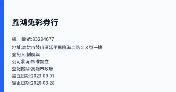 鑫鴻兔彩券行的照片-統編 93294677(高雄市) 公司登記資料與營業項目詳細圖表