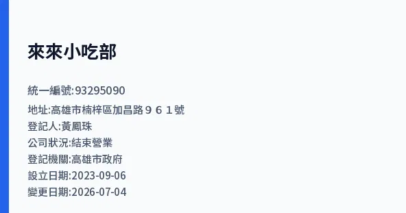 來來小吃部的照片-統編 93295090(高雄市) 公司登記資料與營業項目詳細圖表