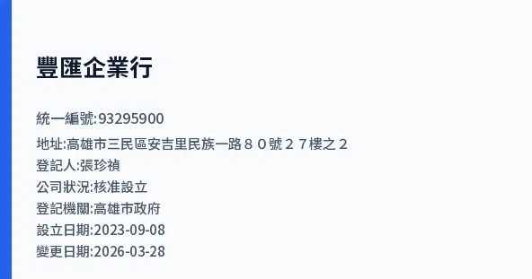 豐匯企業行的照片-統編 93295900(高雄市) 公司登記資料與營業項目詳細圖表