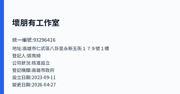 壞朋有工作室的照片-統編 93296416(高雄市) 公司登記資料與營業項目詳細圖表