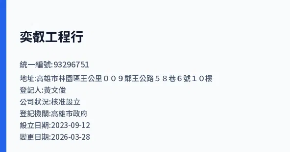奕叡工程行的照片-統編 93296751(高雄市) 公司登記資料與營業項目詳細圖表