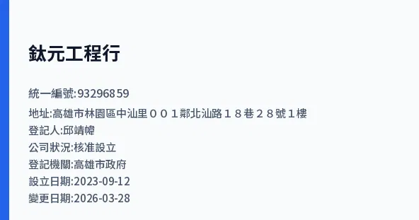 鈦元工程行的照片-統編 93296859(高雄市) 公司登記資料與營業項目詳細圖表