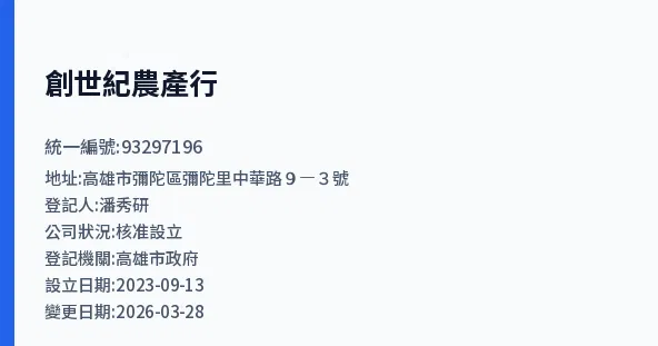 創世紀農產行的照片-統編 93297196(高雄市) 公司登記資料與營業項目詳細圖表