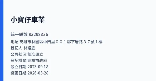 小寶仔車業的照片-統編 93298836(高雄市) 公司登記資料與營業項目詳細圖表