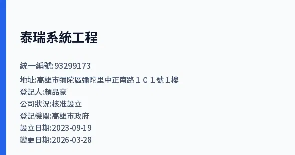 泰瑞系統工程的照片-統編 93299173(高雄市) 公司登記資料與營業項目詳細圖表