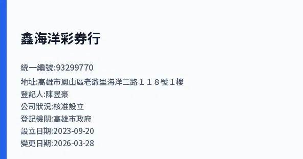 鑫海洋彩券行的照片-統編 93299770(高雄市) 公司登記資料與營業項目詳細圖表