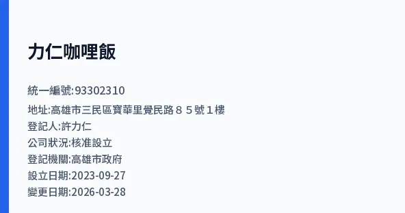 力仁咖哩飯的照片-統編 93302310(高雄市) 公司登記資料與營業項目詳細圖表