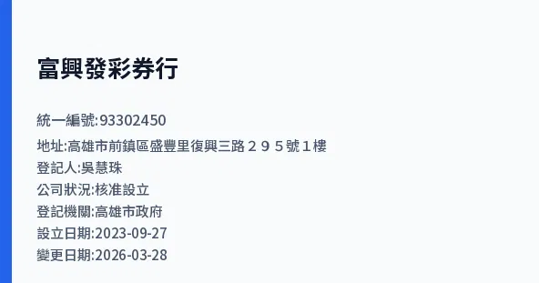 富興發彩券行的照片-統編 93302450(高雄市) 公司登記資料與營業項目詳細圖表