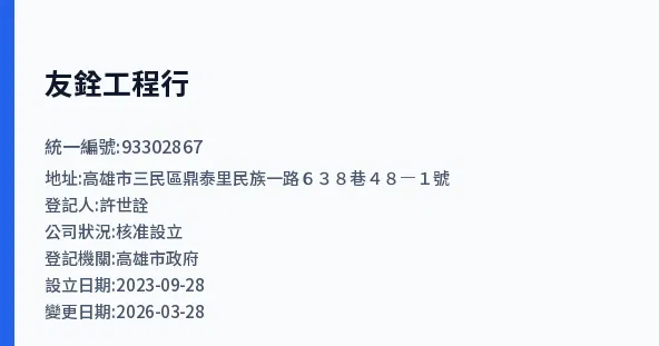 友銓工程行的照片-統編 93302867(高雄市) 公司登記資料與營業項目詳細圖表