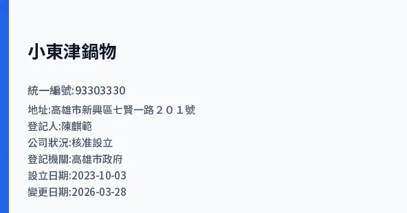小東津鍋物的照片-統編 93303330(高雄市) 公司登記資料與營業項目詳細圖表