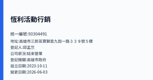 恆利活動行銷的照片-統編 93304491(高雄市) 公司登記資料與營業項目詳細圖表