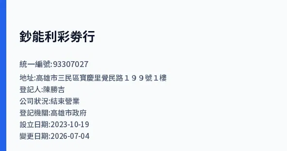 鈔能利彩劵行的照片-統編 93307027(高雄市) 公司登記資料與營業項目詳細圖表