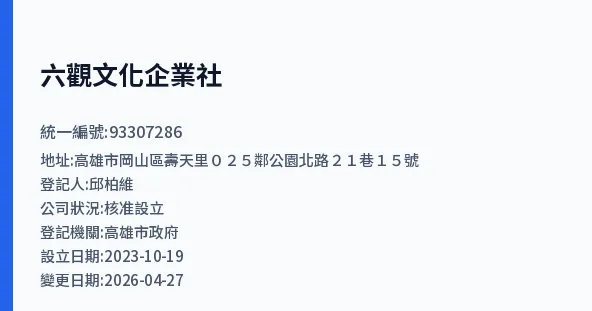 六觀文化企業社的照片-統編 93307286(高雄市) 公司登記資料與營業項目詳細圖表