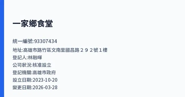 一家鄉食堂的照片-統編 93307434(高雄市) 公司登記資料與營業項目詳細圖表