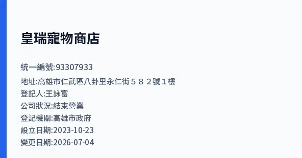 皇瑞寵物商店的照片-統編 93307933(高雄市) 公司登記資料與營業項目詳細圖表