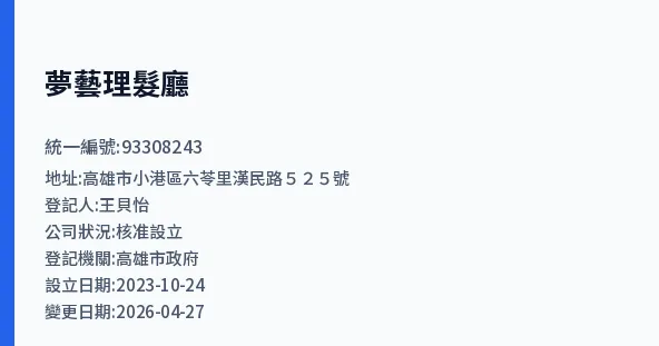 夢藝理髮廳的照片-統編 93308243(高雄市) 公司登記資料與營業項目詳細圖表
