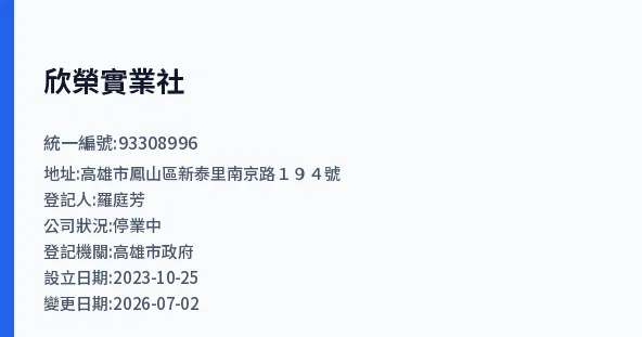 欣榮實業社的照片-統編 93308996(高雄市) 公司登記資料與營業項目詳細圖表