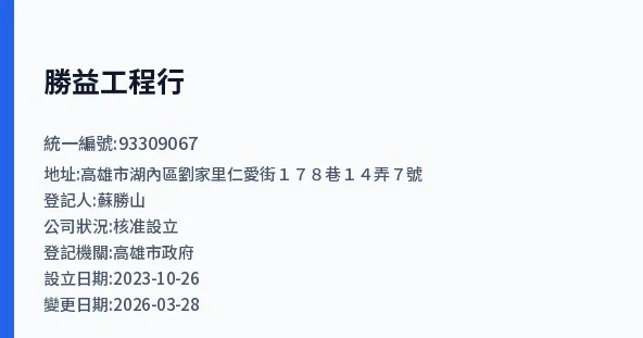 勝益工程行的照片-統編 93309067(高雄市) 公司登記資料與營業項目詳細圖表