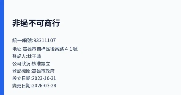 非過不可商行的照片-統編 93311107(高雄市) 公司登記資料與營業項目詳細圖表