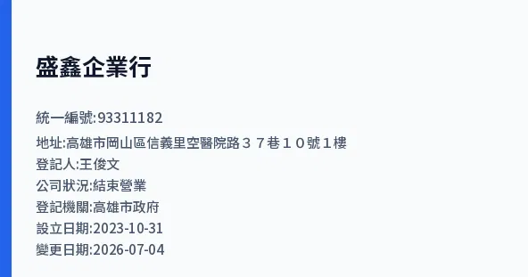 盛鑫企業行的照片-統編 93311182(高雄市) 公司登記資料與營業項目詳細圖表