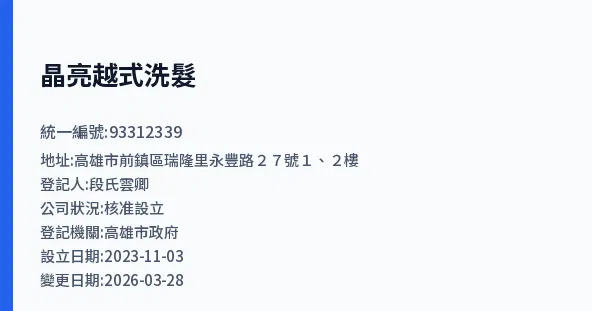 晶亮越式洗髮的照片-統編 93312339(高雄市) 公司登記資料與營業項目詳細圖表