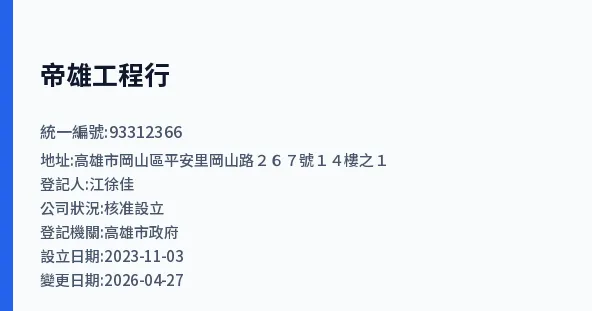 帝雄工程行的照片-統編 93312366(高雄市) 公司登記資料與營業項目詳細圖表