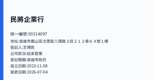 民將企業行的照片-統編 93314097(高雄市) 公司登記資料與營業項目詳細圖表