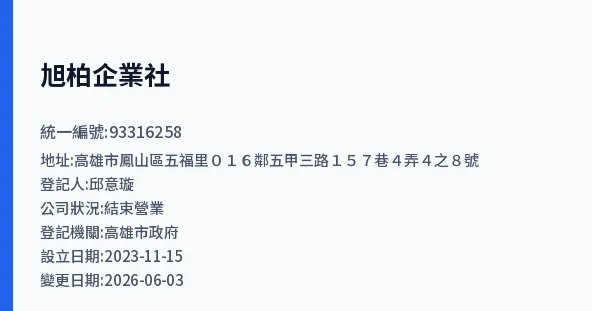 旭柏企業社的照片-統編 93316258(高雄市) 公司登記資料與營業項目詳細圖表