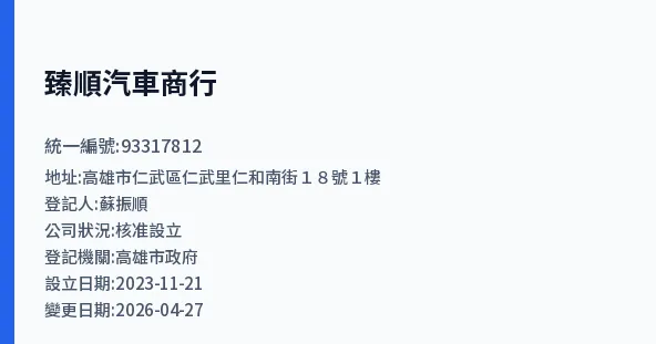 臻順汽車商行的照片-統編 93317812(高雄市) 公司登記資料與營業項目詳細圖表