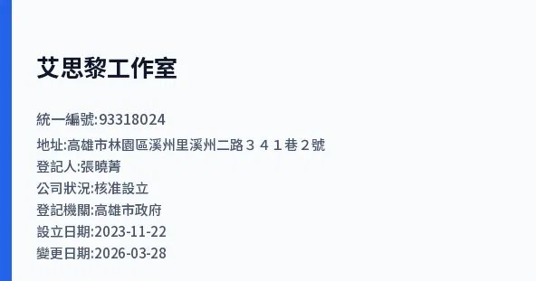 艾思黎工作室的照片-統編 93318024(高雄市) 公司登記資料與營業項目詳細圖表