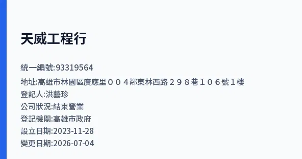 天威工程行的照片-統編 93319564(高雄市) 公司登記資料與營業項目詳細圖表