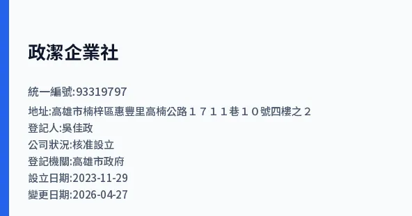 政潔企業社的照片-統編 93319797(高雄市) 公司登記資料與營業項目詳細圖表