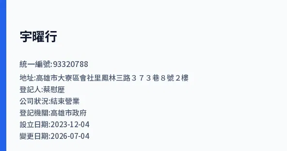 宇曜行的照片-統編 93320788(高雄市) 公司登記資料與營業項目詳細圖表