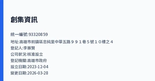 創集資訊的照片-統編 93320859(高雄市) 公司登記資料與營業項目詳細圖表