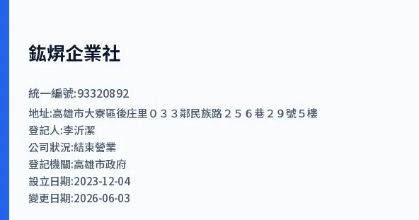 鈜焺企業社的照片-統編 93320892(高雄市) 公司登記資料與營業項目詳細圖表