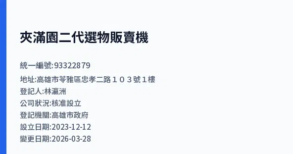 夾滿園二代選物販賣機的照片-統編 93322879(高雄市) 公司登記資料與營業項目詳細圖表