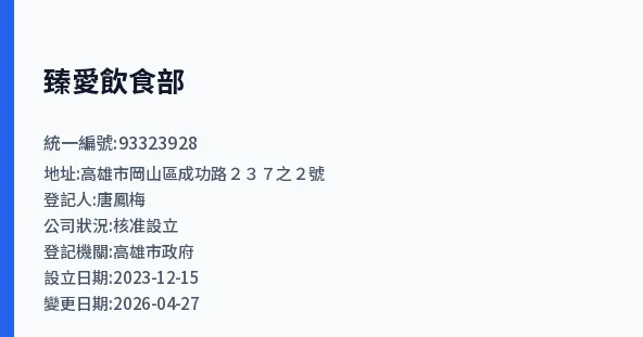 臻愛飲食部的照片-統編 93323928(高雄市) 公司登記資料與營業項目詳細圖表