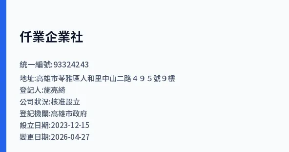 仟業企業社的照片-統編 93324243(高雄市) 公司登記資料與營業項目詳細圖表