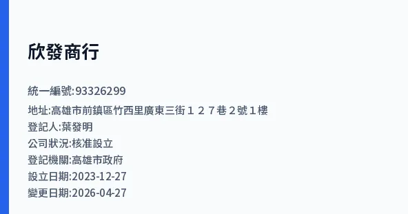欣發商行的照片-統編 93326299(高雄市) 公司登記資料與營業項目詳細圖表