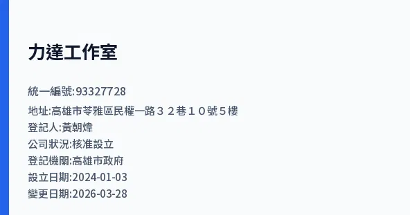 力達工作室的照片-統編 93327728(高雄市) 公司登記資料與營業項目詳細圖表
