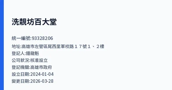 洗靚坊百大堂的照片-統編 93328206(高雄市) 公司登記資料與營業項目詳細圖表