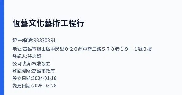 恆藝文化藝術工程行的照片-統編 93330391(高雄市) 公司登記資料與營業項目詳細圖表
