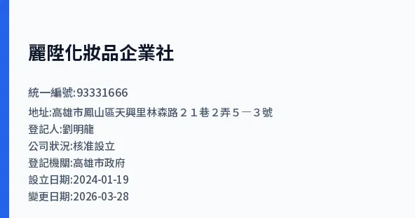 麗陞化妝品企業社的照片-統編 93331666(高雄市) 公司登記資料與營業項目詳細圖表