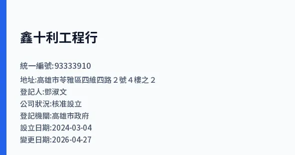 鑫十利工程行的照片-統編 93333910(高雄市) 公司登記資料與營業項目詳細圖表