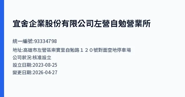 宜舍企業股份有限公司左營自勉營業所的照片-統編 93334798(高雄市) 公司登記資料與營業項目詳細圖表
