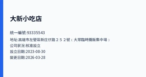 大新小吃店的照片-統編 93335543(高雄市) 公司登記資料與營業項目詳細圖表